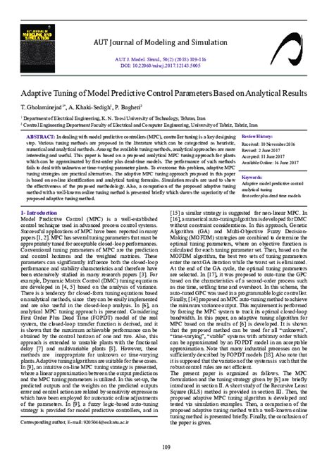 Pdf Adaptive Tuning Of Model Predictive Control Based On Analytical