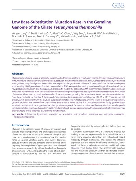 Pdf Low Base Substitution Mutation Rate In The Germline Genome Of The Ciliate Tetrahymena
