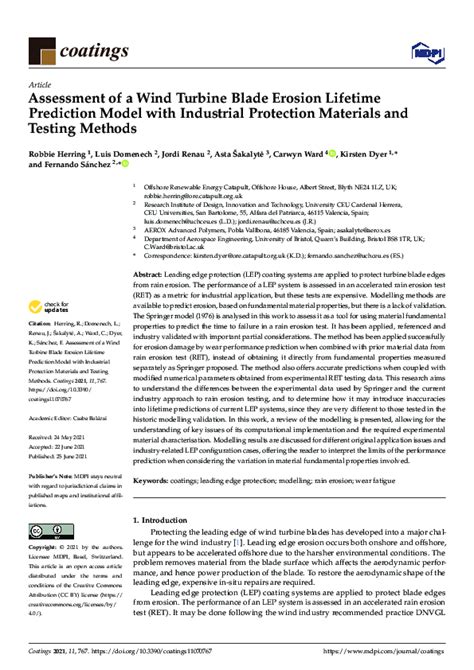 Pdf Assessment Of A Wind Turbine Blade Erosion Lifetime Prediction Model With Industrial