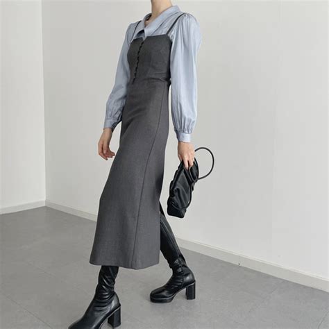 라운지401 단추 라인 뷔스티에 롱원피스 2color 위시버킷