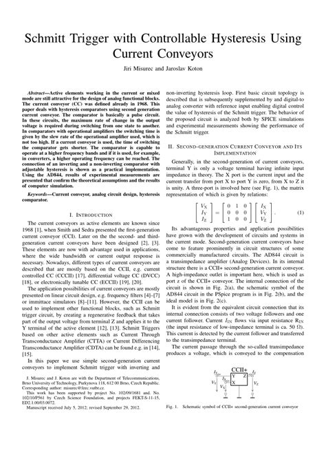 Pdf Schmitt Trigger With Controllable Hysteresis Using Current Conveyors