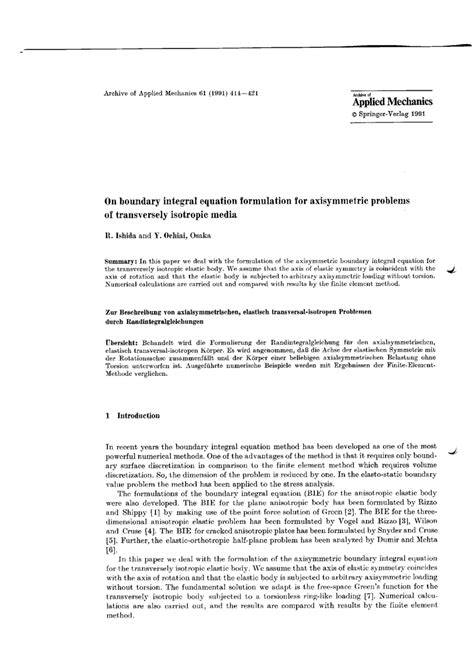Pdf On Boundary Integral Equation Formulation For Axisymmetric Problems Of Transversely