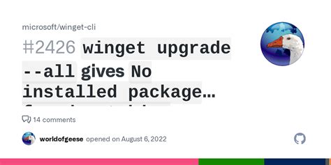 `winget Upgrade All` Gives `no Installed Package Found Matching Input
