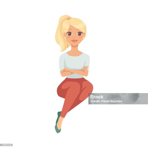 금발 여성 캐릭터 빨간 바지에 포니 테일과 함께 앉아있는 포즈 벡터 일러스트 레이 션 감정에 대한 스톡 벡터 아트 및 기타 이미지 감정 개념 금발 머리 Istock