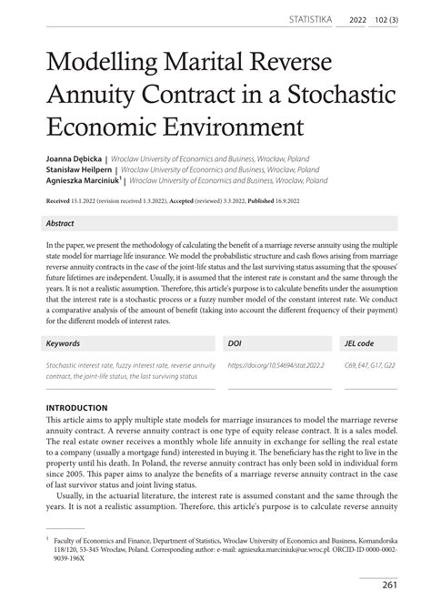 Pdf Modelling Marital Reverse Annuity Contract In A Stochastic Economic Environment
