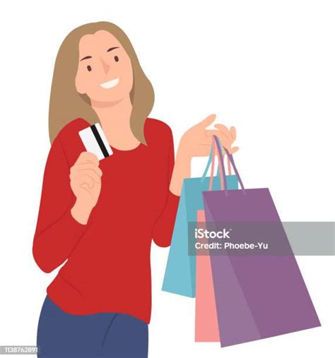 쇼핑 가방과 신용 카드를 즐겁게 들고 있는 만화 인물 캐릭터 디자인 여자 가방에 대한 스톡 벡터 아트 및 기타 이미지 가방 계절 고객 Istock