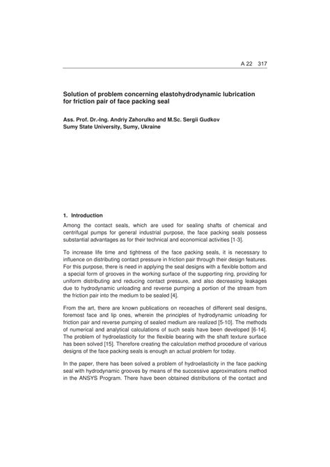 Pdf Solution Of Problem Concerning Elastohydrodynamic Lubrication For Friction Pair Of Face