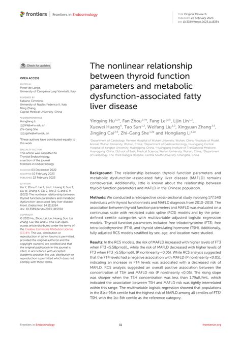 Pdf The Nonlinear Relationship Between Thyroid Function Parameters And Metabolic Dysfunction