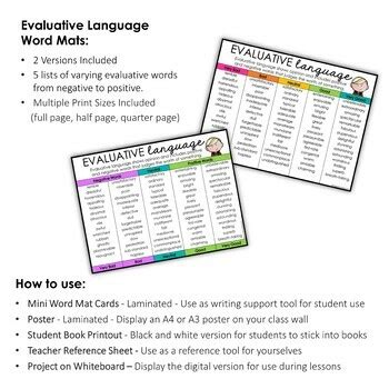 Evaluative Language Bundle Word List Worksheets And Posters TPT