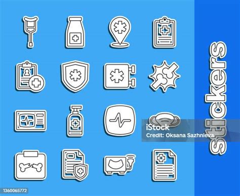 세트 라인 환자 기록 의료 보호 마스크 관절 통증 무릎 통증 위치 병원 생명 보험 목발 목발 및 응급 아이콘의 스타 벡터 건강