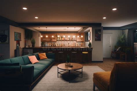 A Cozy Basement With A Sectional Sofa Big Scree Generative Ai Stock