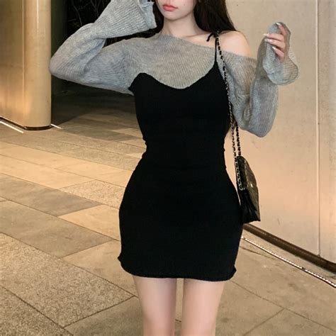 배색 언발 오프숄더 미니원피스 Ag118330