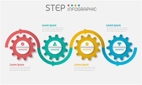 단계 옵션 이정표 프로세스 또는 워크플로와 기어 모양 요소 비즈니스 데이터 시각화 프리젠 테이션을위한 창조적 인 톱니 바퀴 타임 라인 인포 그래픽 템플릿 벡터 일러스트레이션