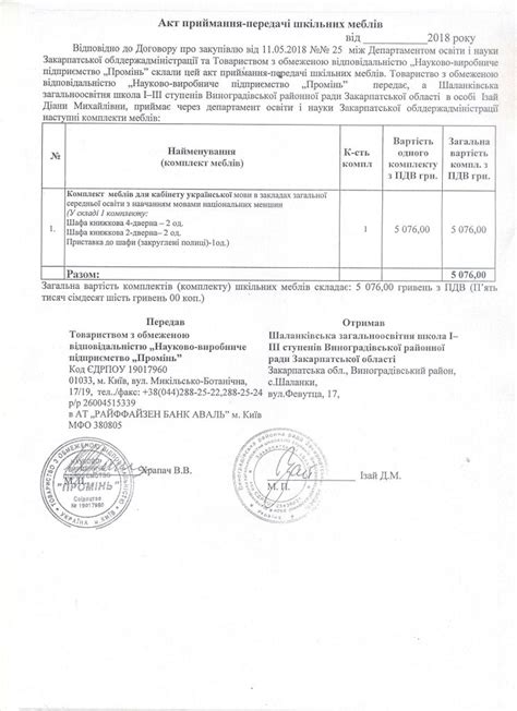 Акт приймання передачі матеріальних цінностей Шаланківська ЗОШ І ІІІ ст