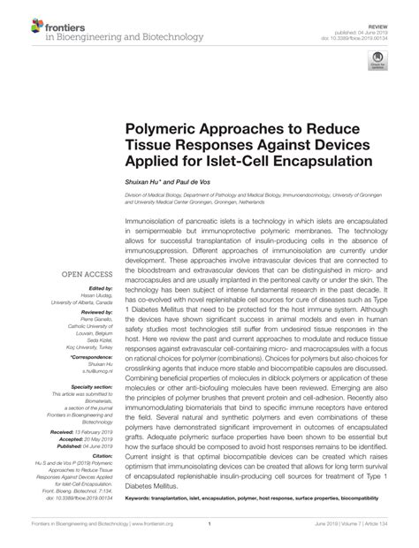 Pdf Polymeric Approaches To Reduce Tissue Responses Against Devices