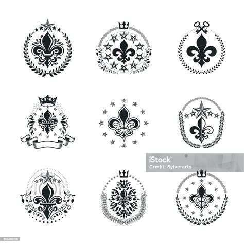 릴리 꽃 로얄 기호 엠 블 럼 설정합니다 팔의 문장 학 외 투 장식 기호가 절연된 벡터 일러스트 컬렉션입니다 0명에 대한 스톡 벡터 아트 및 기타 이미지 Istock