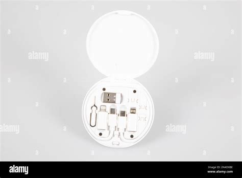 Different Cellphone Adapters Set Adapter With Usb Port And Cable On White Background Stock Photo