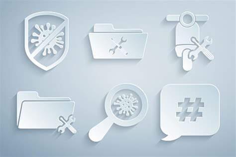 돋보기 스쿠터 서비스 폴더 해시태그 말풍선 및 바이러스 박테리아 아이콘 중지에서 미생물을 설정합니다 벡터 3차원 형태에 대한 스톡 벡터 아트 및 기타 이미지 Istock