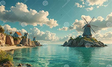 Beautiful View Small Island With Windmill Stock Illustration Illustration Of Overcast Design
