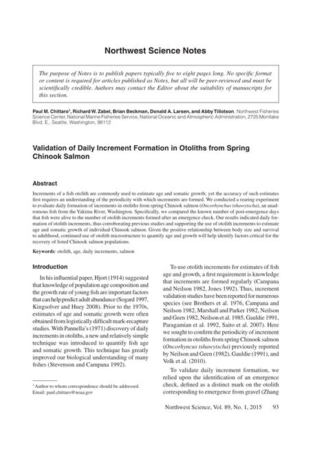 Pdf Validation Of Daily Increment Formation In Otoliths From Spring Chinook Salmon