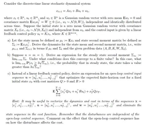 Solved Consider The Discrete Time Linear Stochastic