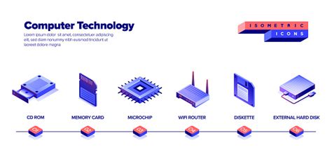 컴퓨터 기술 아이콘 세트 배너 디자인 3 차원 및 등각 투영 도면 컴퓨터 마이크로칩 Cpu 외장 하드 디스크 드라이브 메모리