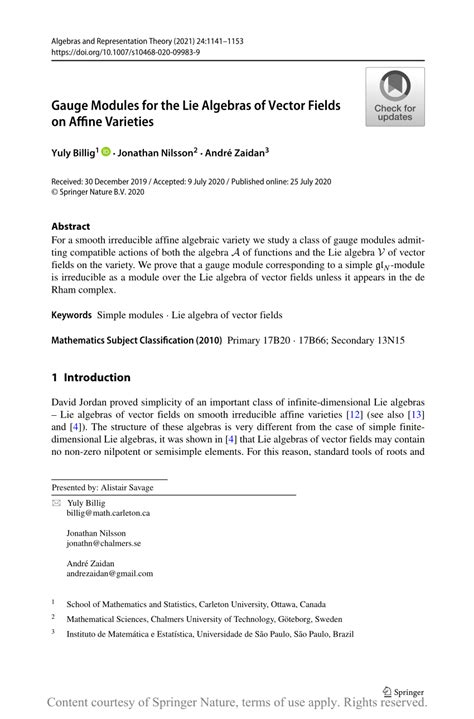 Gauge Modules For The Lie Algebras Of Vector Fields On Affine Varieties Request PDF