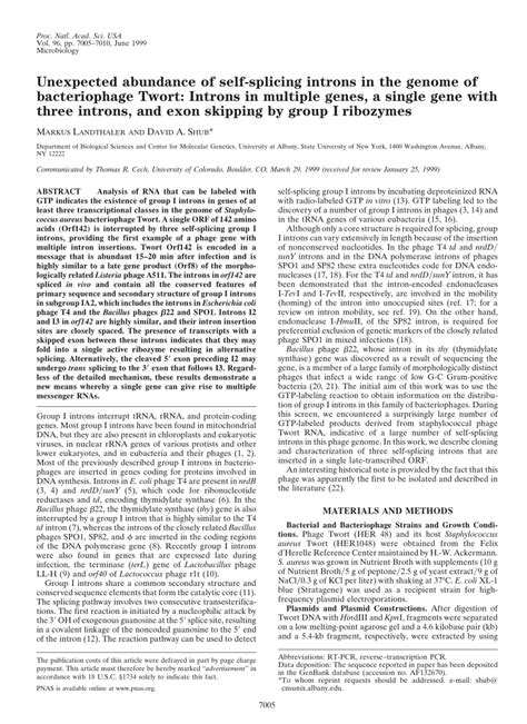 Pdf Unexpected Abundance Of Self Splicing Introns In The Genome Of Bacteriophage Twort