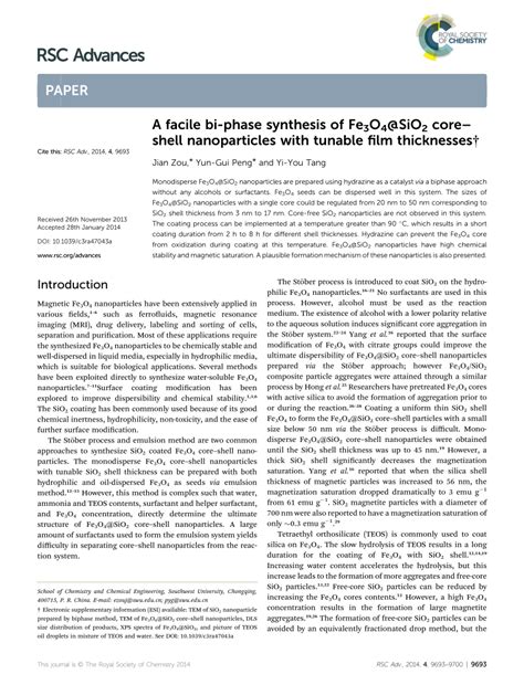 Pdf A Facile Bi Phase Synthesis Of Fe3o4 Sio2 Core Shell Nanoparticles With Tunable Film