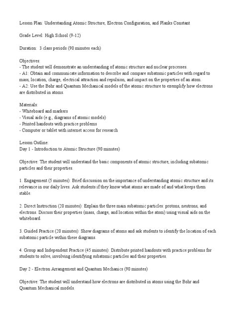 Lesson Plan Atomic Structure Pdf Atoms Electron