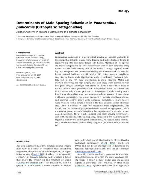 Pdf Determinants Of Male Spacing Behaviour In Panacanthus Pallicornis
