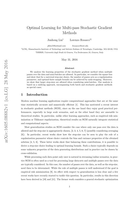 Pdf Optimal Learning For Multi Pass Stochastic Gradient Methods