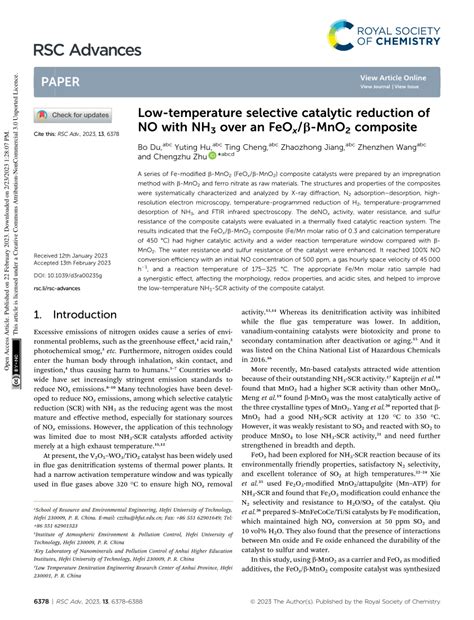 Pdf Low Temperature Selective Catalytic Reduction Of No With Nh 3 Over An Feo X β Mno 2 Composite