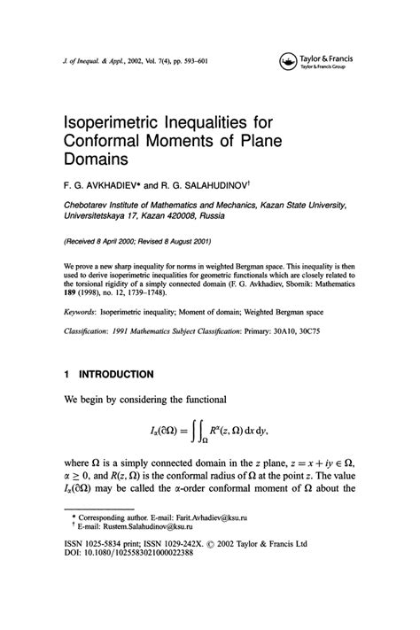 Pdf Isoperimetric Inequalities For Conformal Moments Of Plane Domains