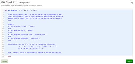 solved w6 check in on anagrams given the code below and