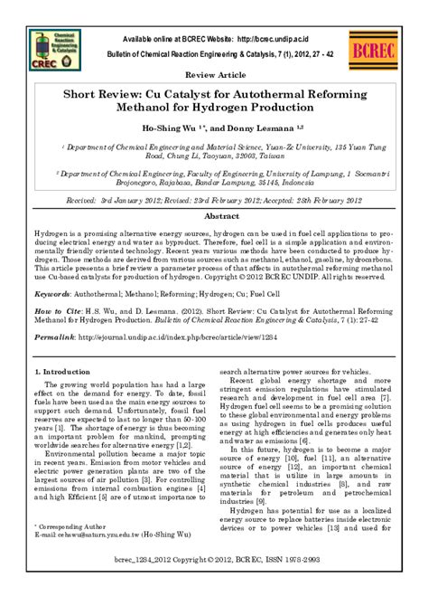 Pdf Short Review Cu Catalyst For Autothermal Reforming Methanol For Hydrogen Production