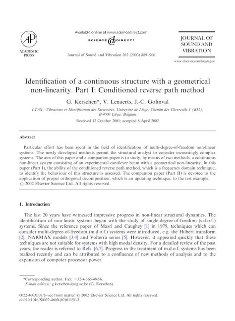Pdf Identification Of A Continuous Structure With A Geometrical Non Linearity Part I