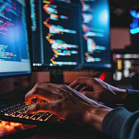 Closeup Of Hands Typing Code On A Backlit Keyboard With Multiple