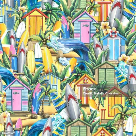 서핑보드 목조 비치 하우스 열대 식물과 꽃 수채화 그림입니다 Surfing 컬렉션의 매끄러운 패턴 직물 벽지 디자인 마이애미에 대한 스톡 벡터 아트 및 기타 이미지 Istock