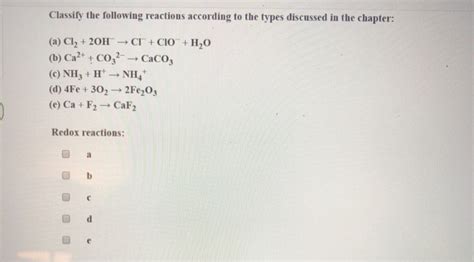 Solved Classify The Following Reactions According To The