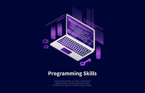 글과 인포그래픽과 어두운 배경에 벡터 일러스트레이션 만화 3d 스타일의 등등 측정 구성 프로그래밍 기술 개념 화면에 코드와 현대 노트북 키와 Cogwheels 근처 종속