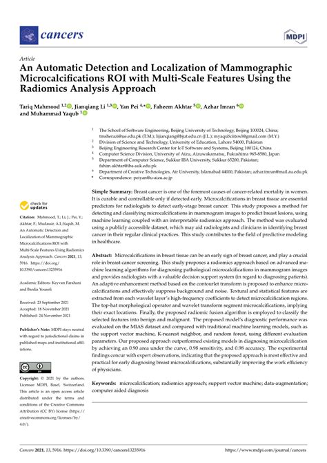 Pdf An Automatic Detection And Localization Of Mammographic Microcalcifications Roi With Multi