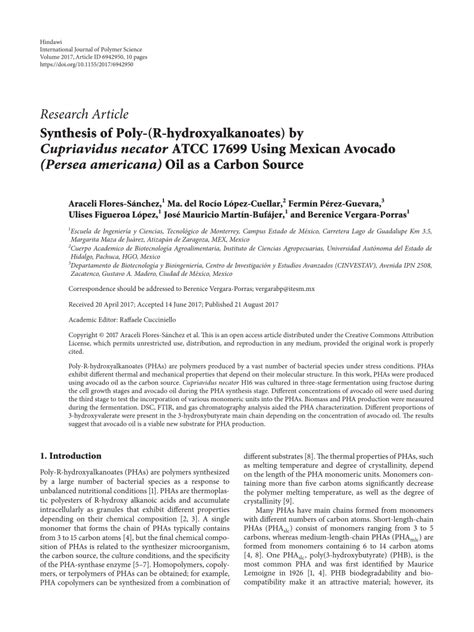 Pdf Synthesis Of Poly R Hydroxyalkanoates By Cupriavidus Necator Atcc 17699 Using Mexican