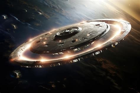 Premium Photo Majestic Spaceship Soaring Through Cosmic Canvas Generative Ai