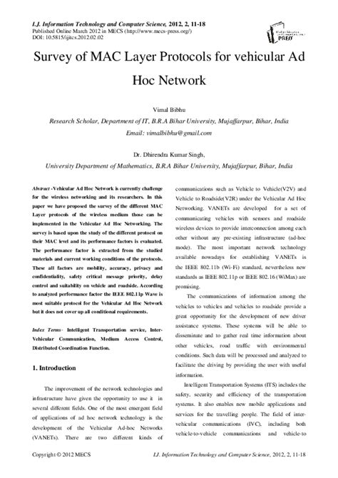 Pdf Survey Of Mac Layer Protocols For Vehicular Ad Hoc Network