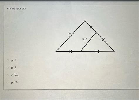 solved find the value of x Ⓒa 4 b 6 c 7 3 d 10 o c o 20