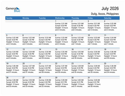 July 2026 Sunrise And Sunset Calendar For Dulig Philippines Pdf