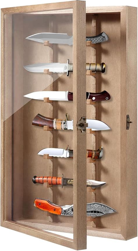 Triceratops Knife Display Case With Lockable Clear Acrylic Door Wall Mount Wooden Knife Display
