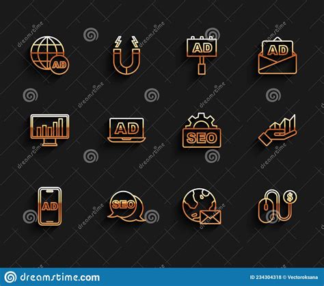 Set Line Advertising Seo Optimization Earth Globe With Mail Pie