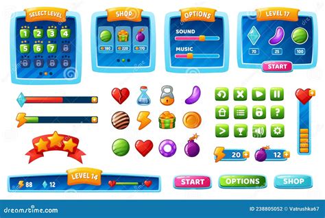 Game Ui Kit Cartoon Gaming Interface Buttons Icons Menu Mobile App Gui Assets Panel